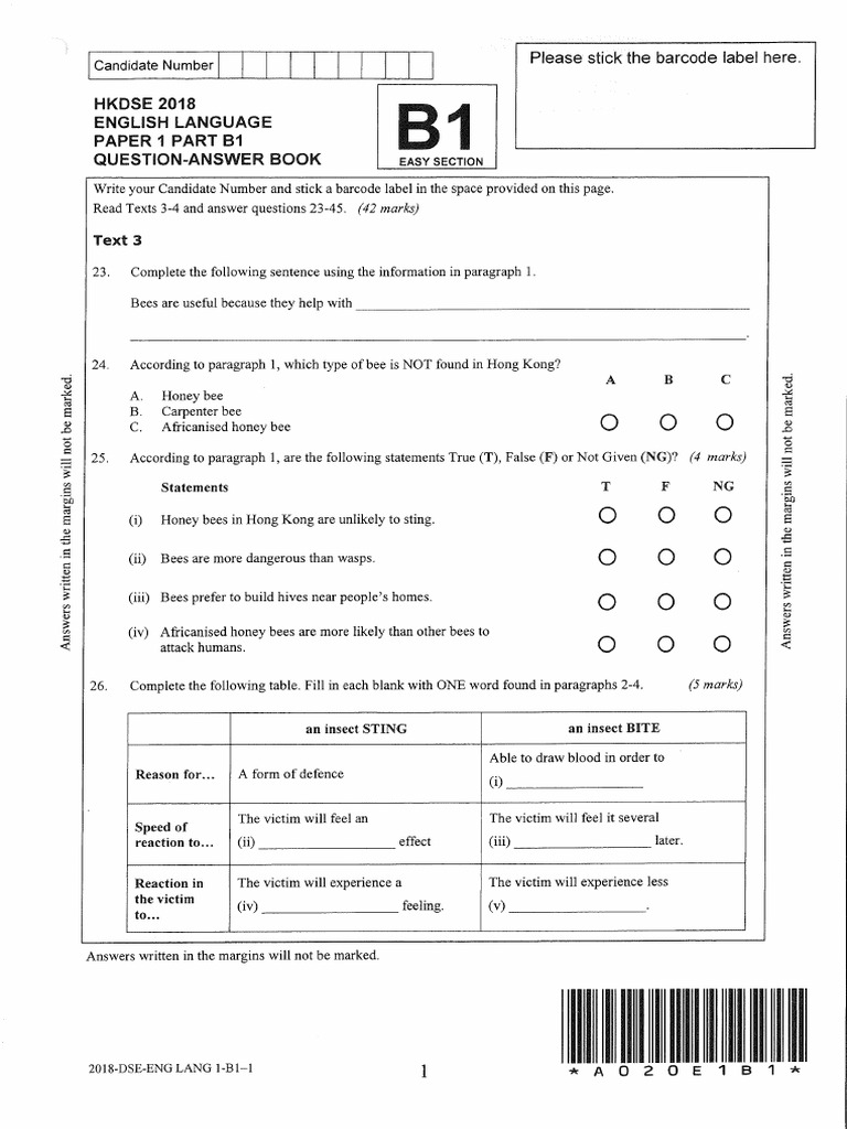 2018 DSE Reading B1 Q&A Book | PDF