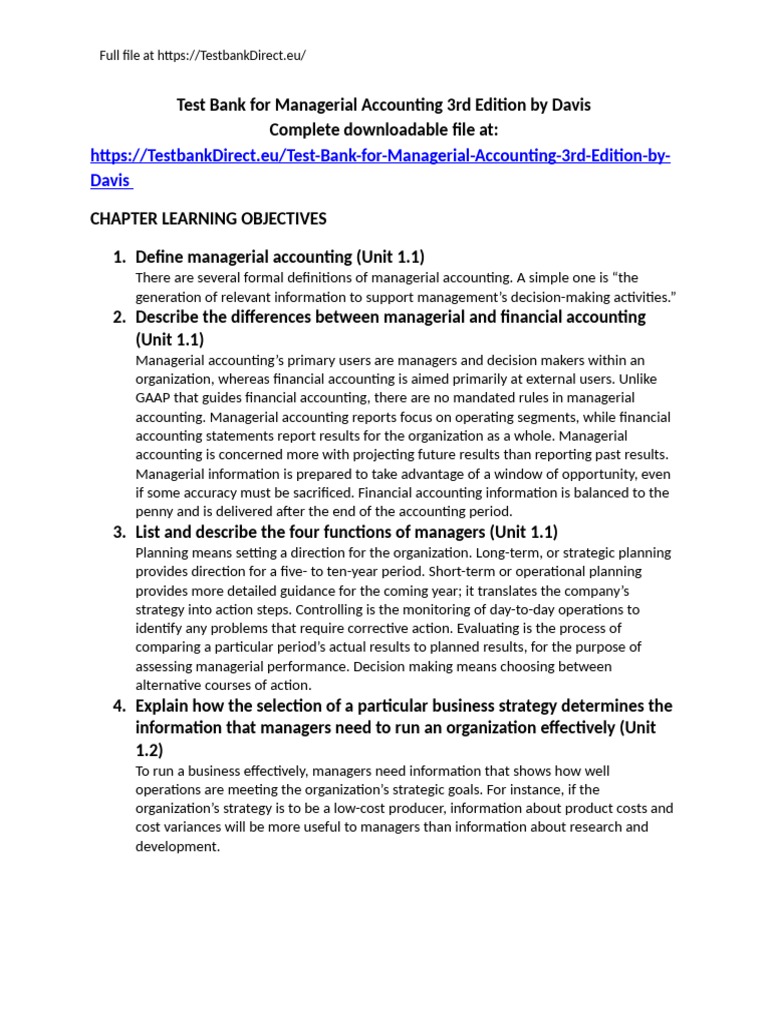 Test Bank For Managerial Accounting 3rd Edition by Davis | PDF ...