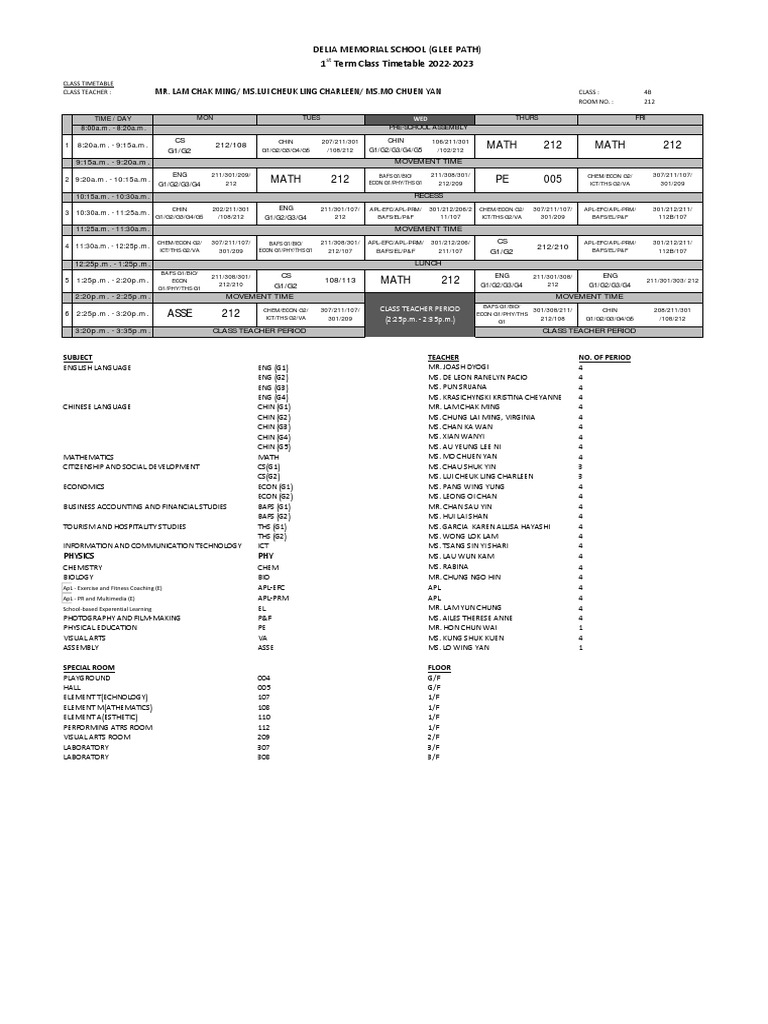 Delia Memorial School (Glee Path) 1 Term Class Timetable 2022-2023 | PDF