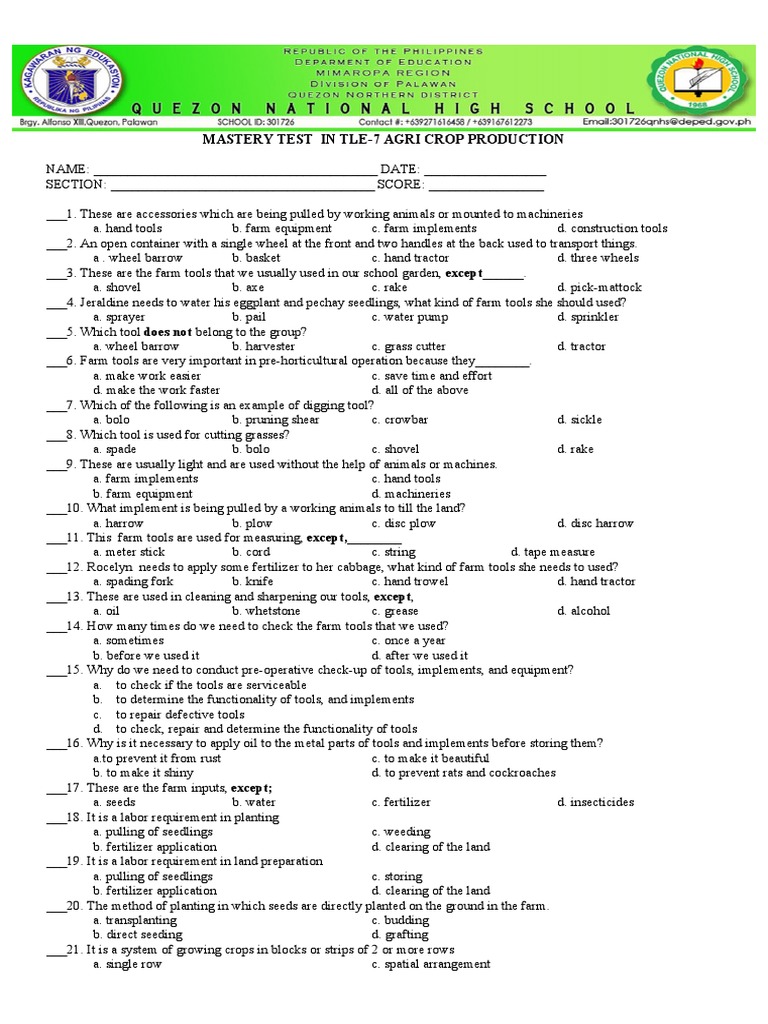 Agricultural Tools Mastery Test | PDF | Personal Protective Equipment ...