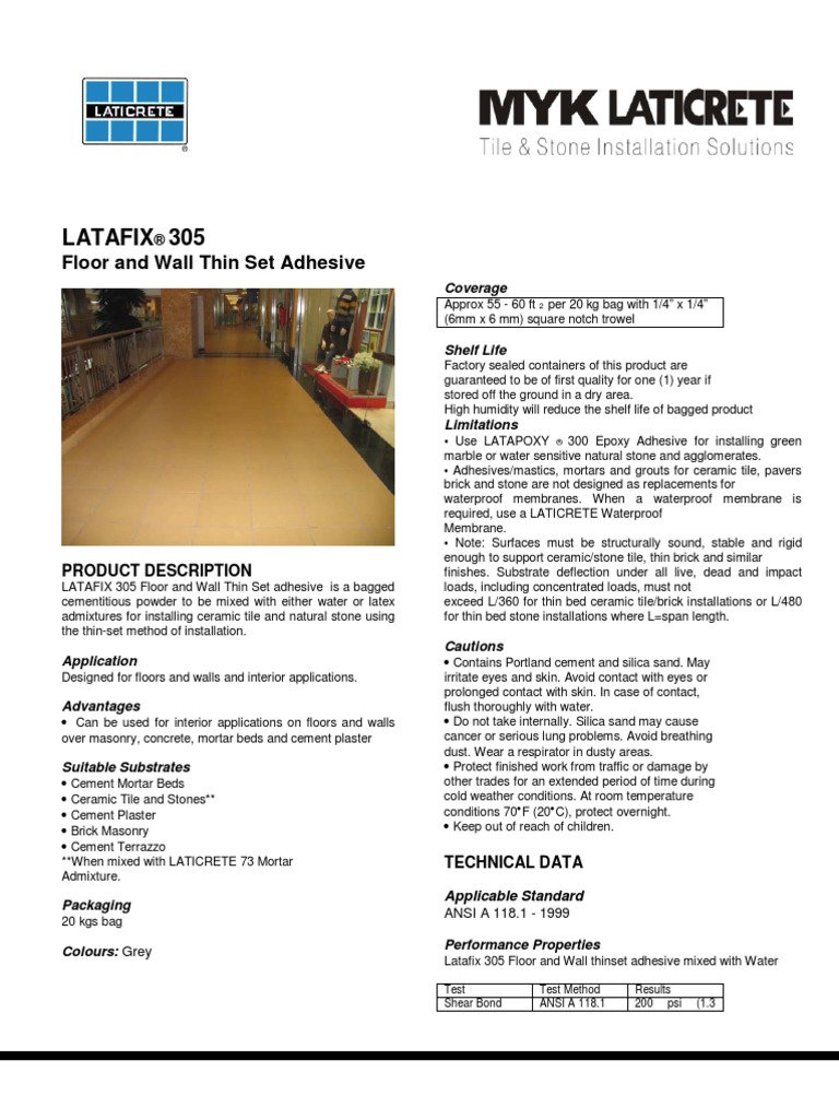 Latafix 305: Floor and Wall Thin Set Adhesive | PDF | Adhesive | Concrete