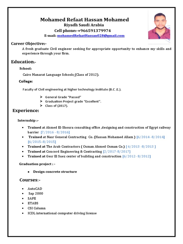 Civil Engineer Resume: Mohamed Refaat | PDF