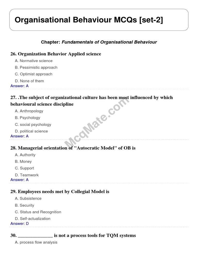 Organisational Behaviour Solved MCQs [set-2] McqMate.com | PDF | Organizational Behavior ...
