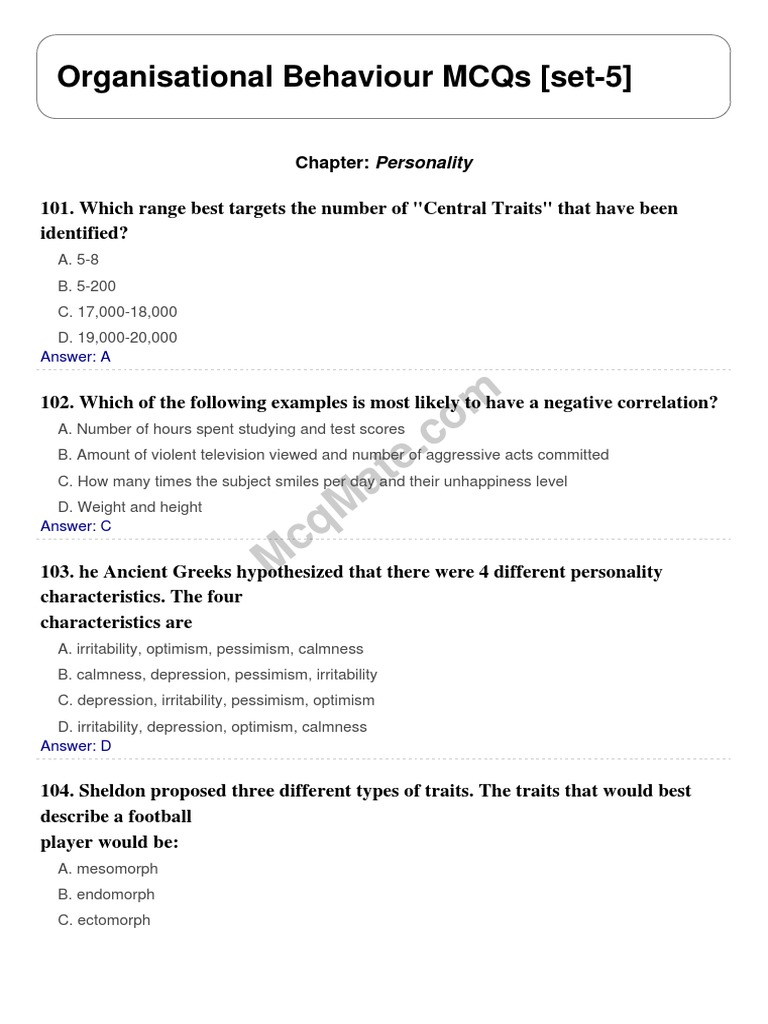 Organisational Behaviour Solved MCQs [set-5] McqMate.com | PDF | Psychology | Personality Psychology