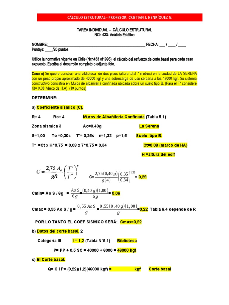 Pauta - Ejercicios Corte Basal - Cálculo Estructural - GRUPO 2 | PDF | Ingeniería estructural ...