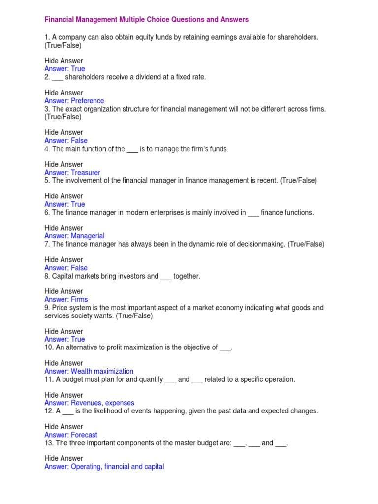 Financial Management Multiple Choice Questions and Answers | PDF