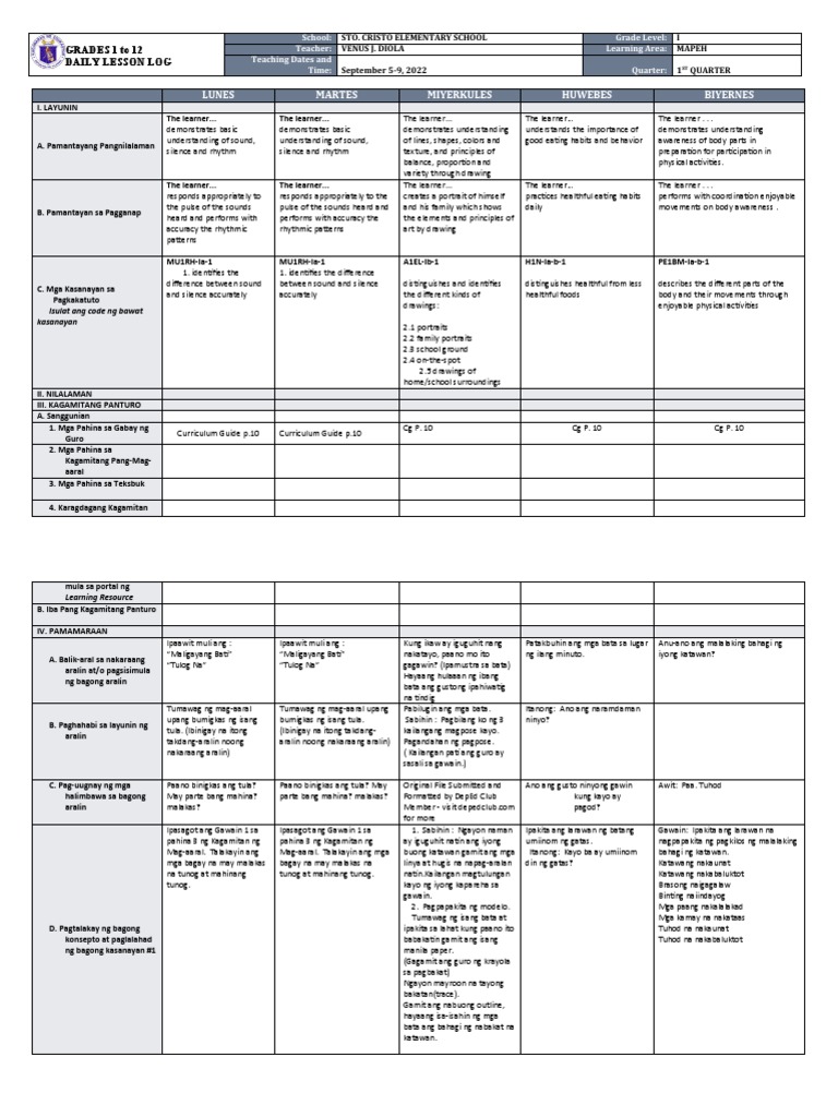 DLL Mapeh-1 Q1 W2 | Download Free PDF | Learning | Rhythm