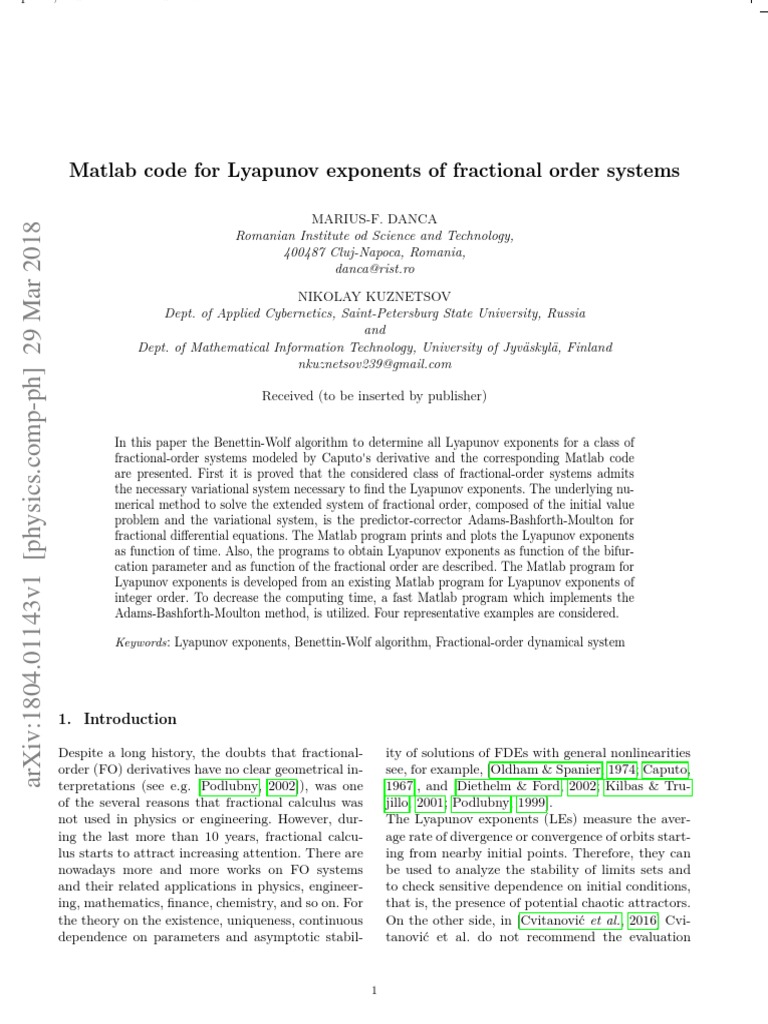 Matlab Code For Lyapunov Exponents of Fractional Order Systems | PDF | Chaos Theory | Nonlinear ...