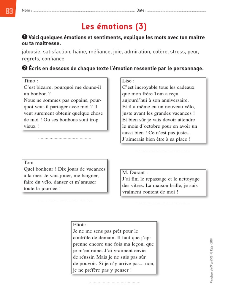 Exercices sur les émotions en classe | PDF | Émotions | Expérience ...