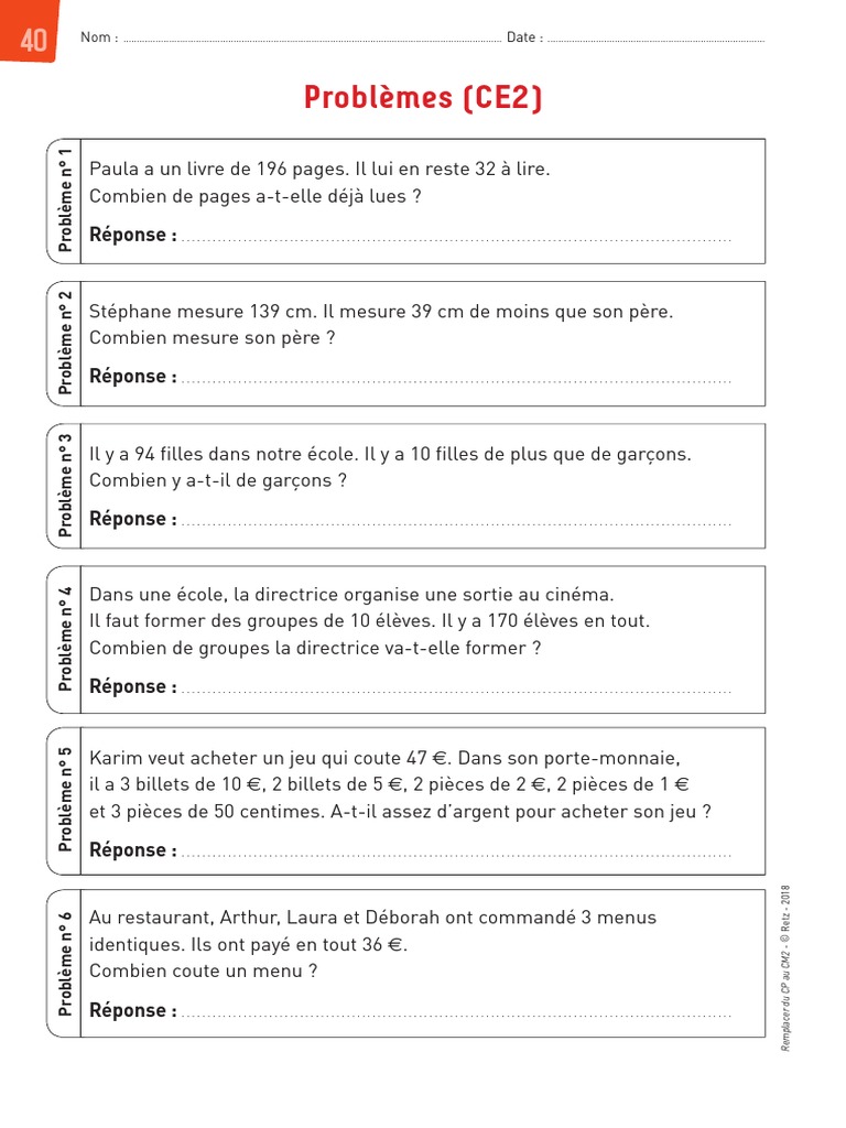 Problèmes mathématiques CE2 à imprimer | PDF