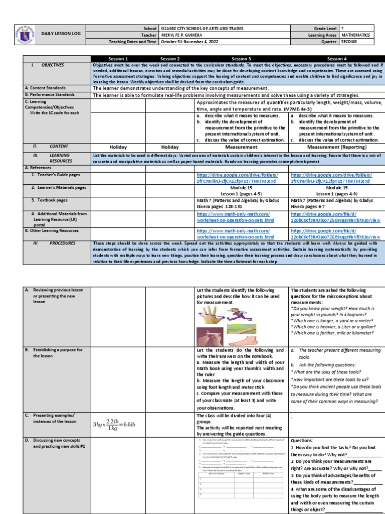Math7 Q2W1 | PDF | Measurement | Learning