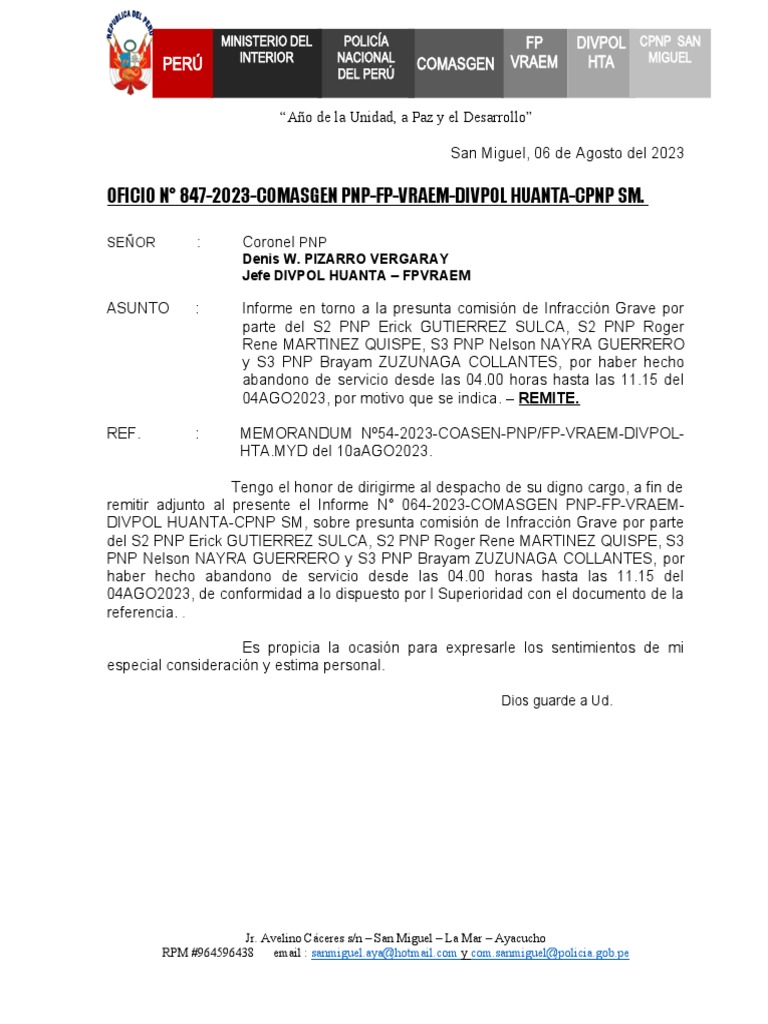 Oficio #847 Remite Informe #064 Sobre Abandono de Servicio | PDF