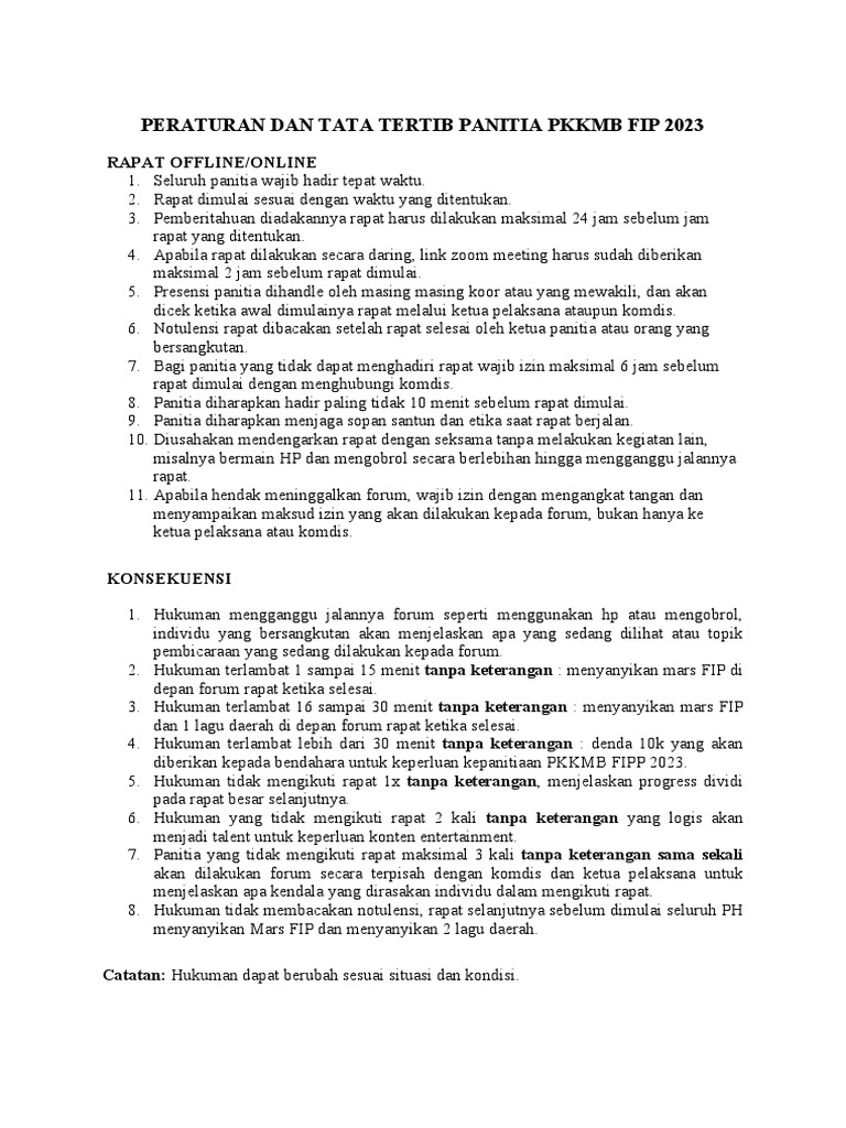 Peraturan Panitia dan Absensi PKKMB FIPP 2023 | PDF