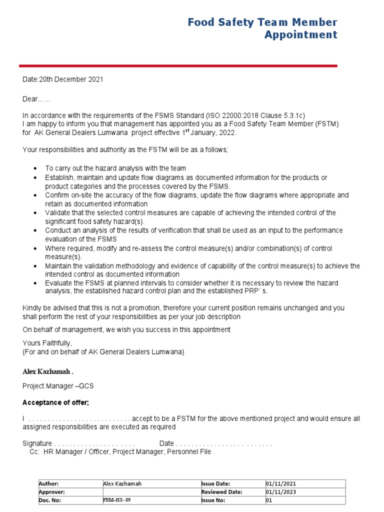 F89-AK-Food Safety Team Member Appointment Letter | PDF