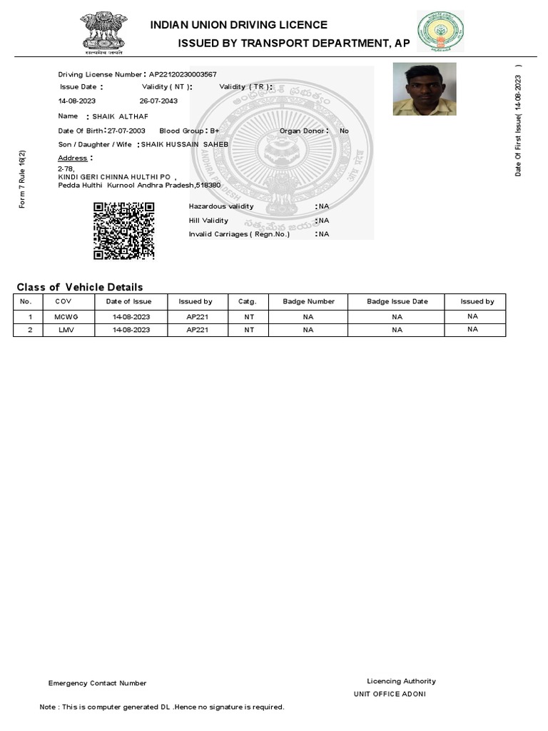 Indian Union Driving Licence Transport Department, Ap Issued by | PDF