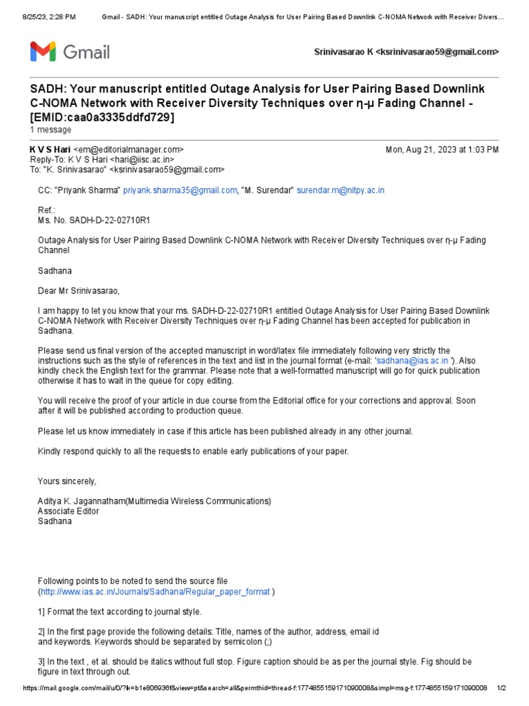 Gmail - SADH - Your Manuscript Entitled Outage Analysis for User ... Gmail - SADH - Your Manuscript Entitled Outage Analysis for User ...