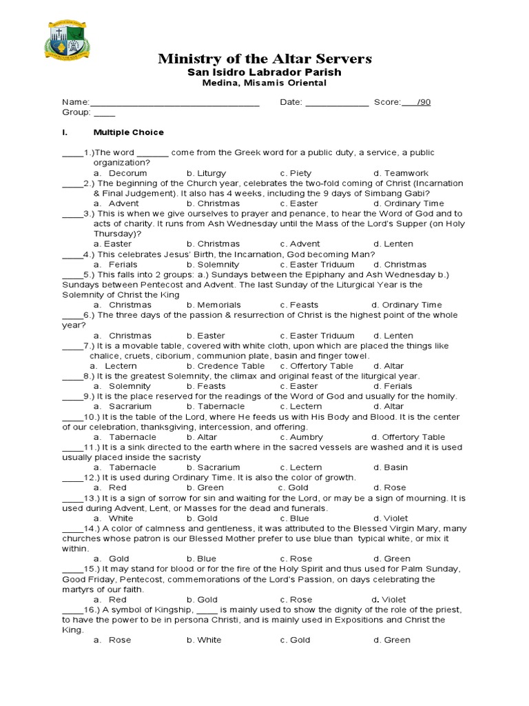 Ministry of Altar Servers Final Exam 2022 | PDF