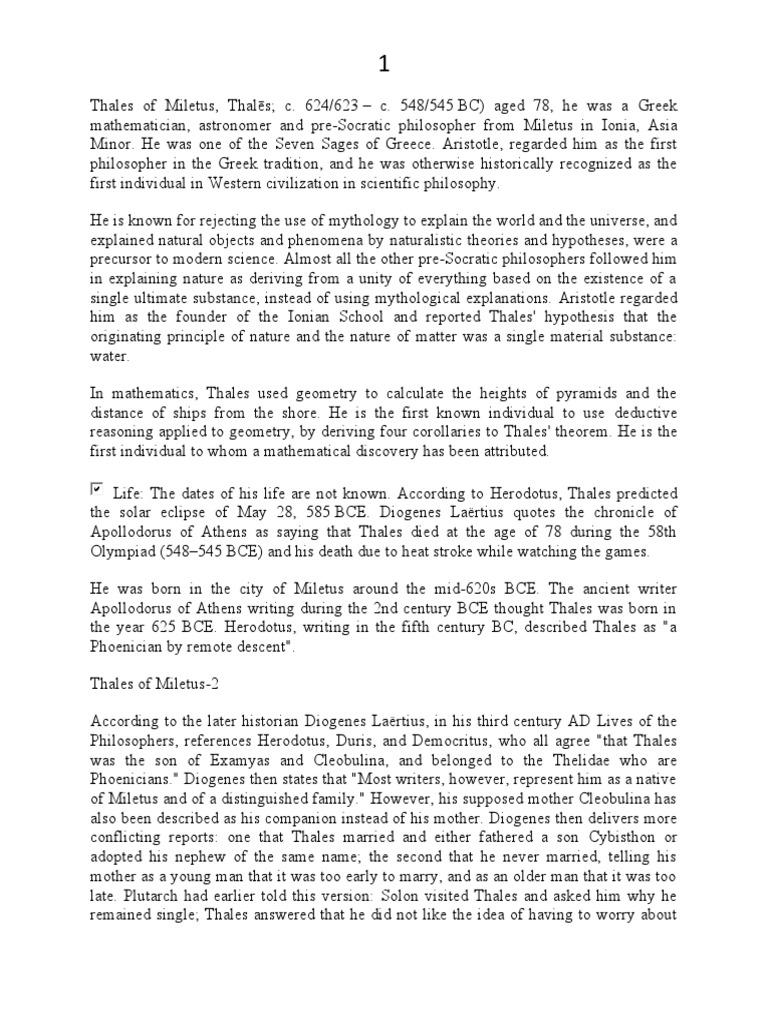 Text - Thales of Miletus | PDF | Social Science | History