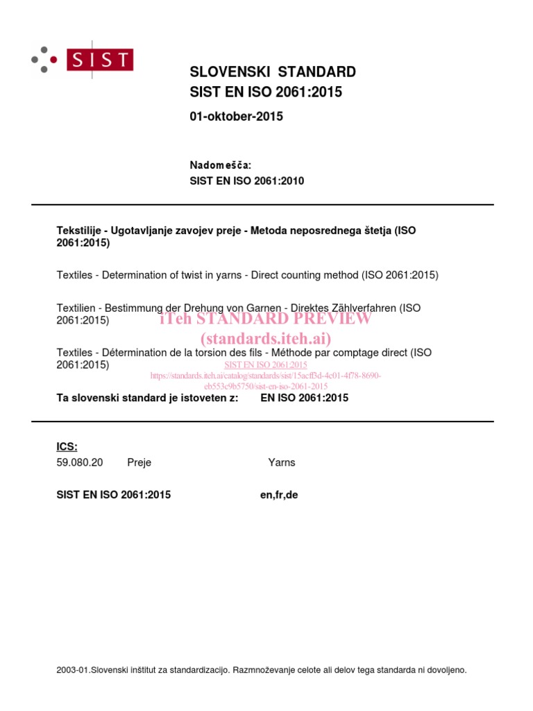Sist en Iso 2061 2015 | PDF | Yarn | International Organization For ...
