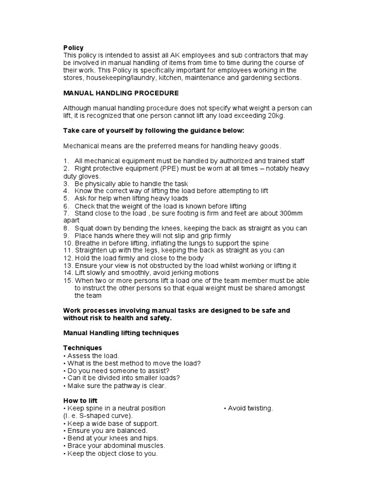 AK - SOP Manual Handling Procedure Draft | PDF