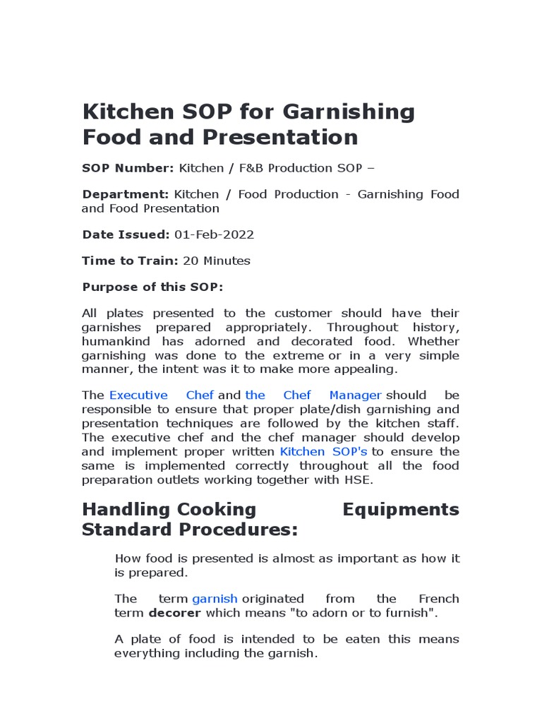 AK SOP Garnishing and Food Presantation | PDF | Kitchen | Chef