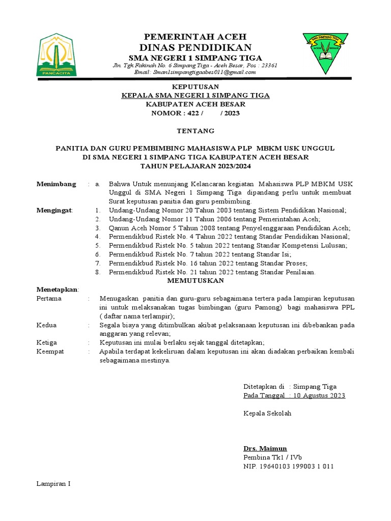 SK Panitia PLP MBKM USK di SMA 1 Simpang Tiga | PDF