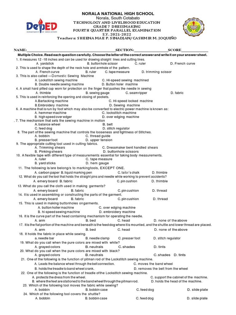 4th Exam Tle Dressmaking | PDF | Sewing Machine | Sewing