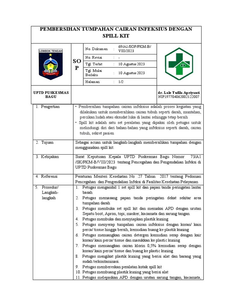 SOP Pembersihan Tumpahan Cairan Infeksius Dengan Spill Kit | PDF