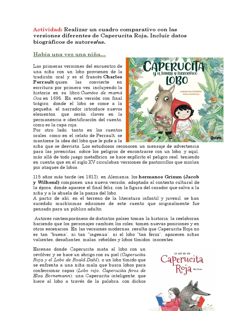 Caperucita Roja - Versiones, Cuentos, ACTIVIDAD | PDF | Caperucita Roja ...