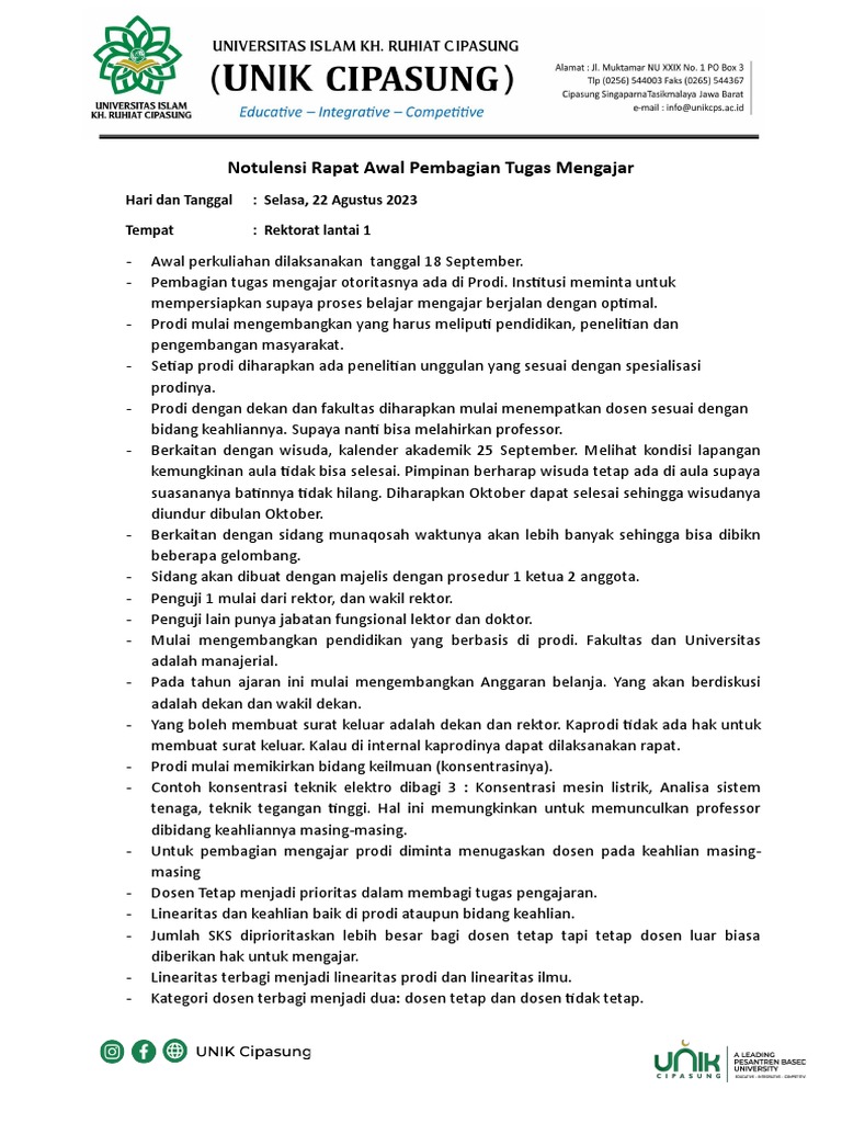 Notulensi Rapat Awal Pembagian Tugas UNIK | PDF