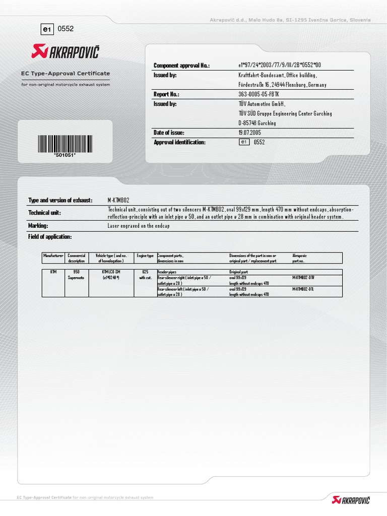 EC Type-Approval Certificate For Non-Original Motorcycle Exhaust System ...