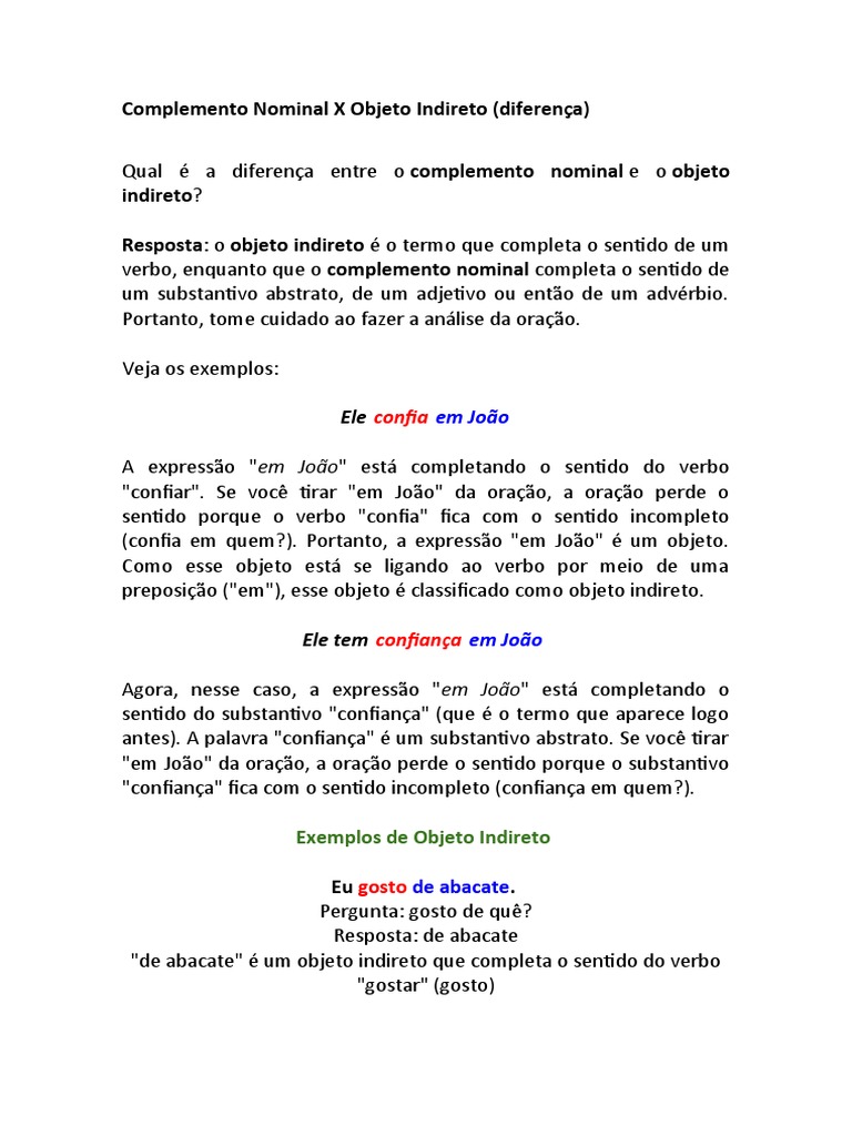 Complemento Nominal X Objeto Indireto | PDF | Objeto (gramática) | Substantivo