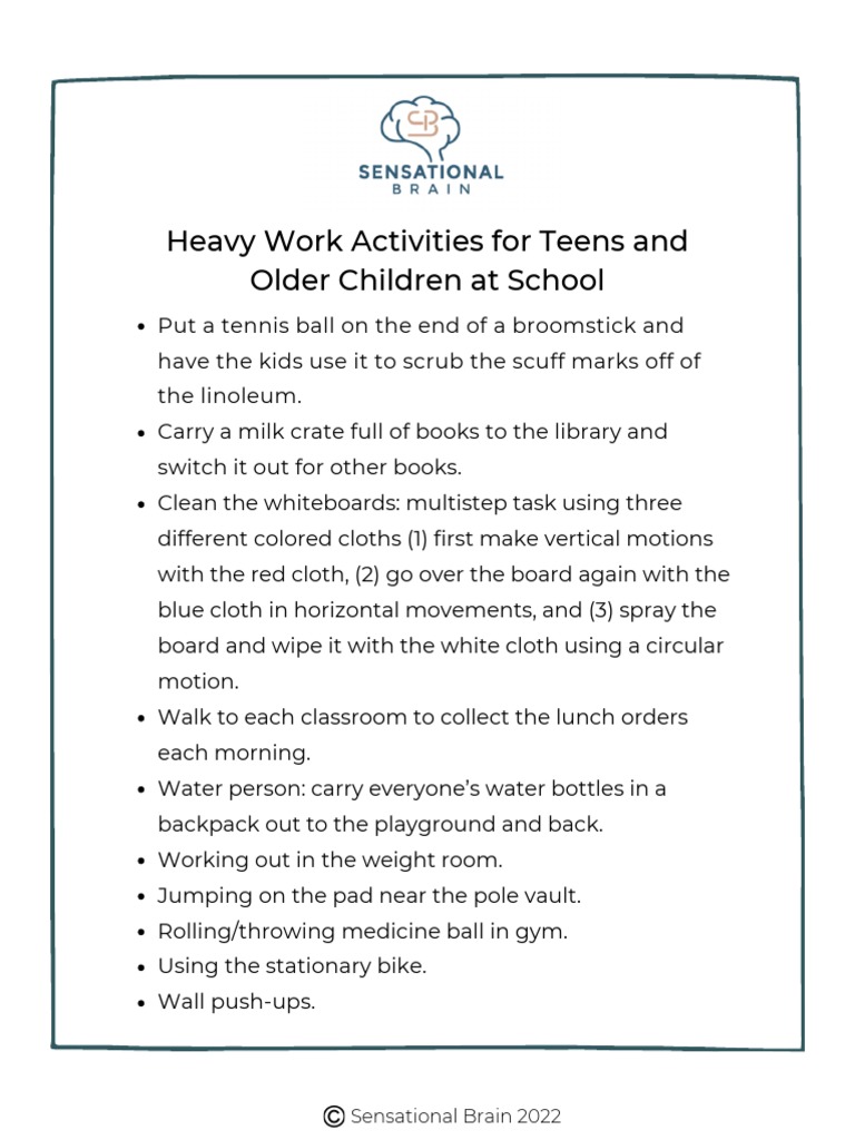 Heavy Work Activities For Teens and Older Children at School PDF | PDF
