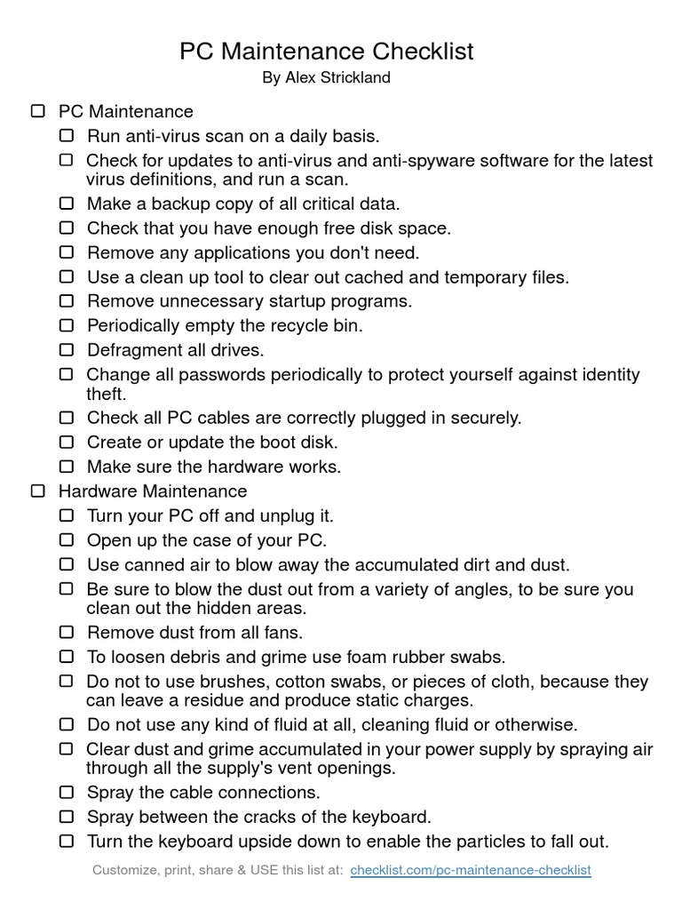 PC Maintenance Checklist | PDF PC Maintenance Checklist | PDF