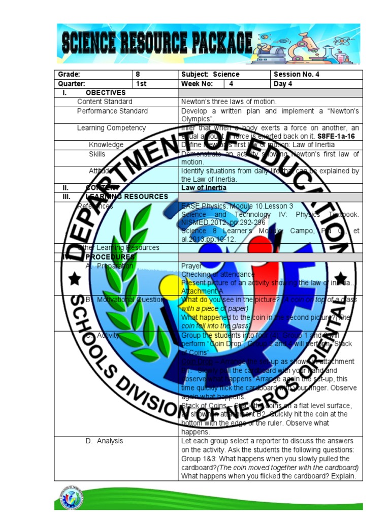 Daily Lesson Plan G8 Q1 WK 1 D4 | PDF | Force | Inertia