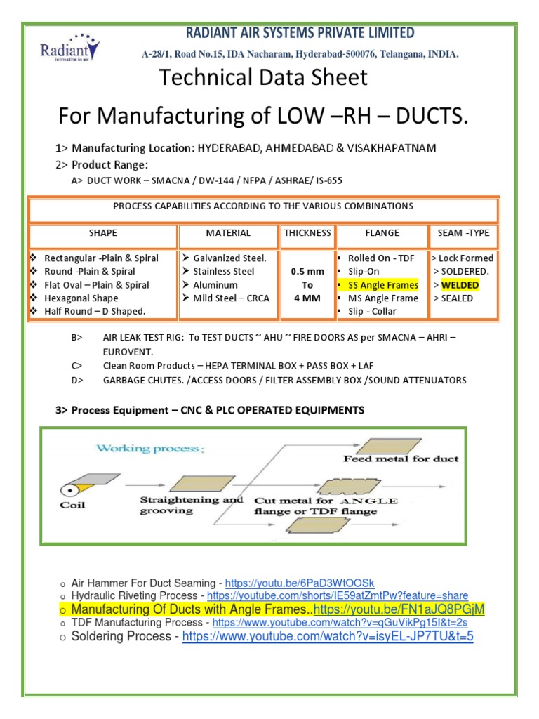 Technical Data Sheet - Manufacturing of WELDED Exhaust Ducts & LOW RH ...