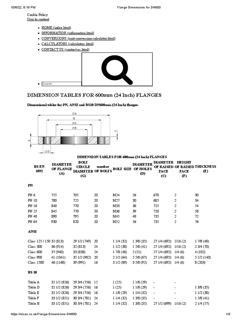 DN600 Flange Dimension Tables | PDF | Mechanical Engineering | Plumbing