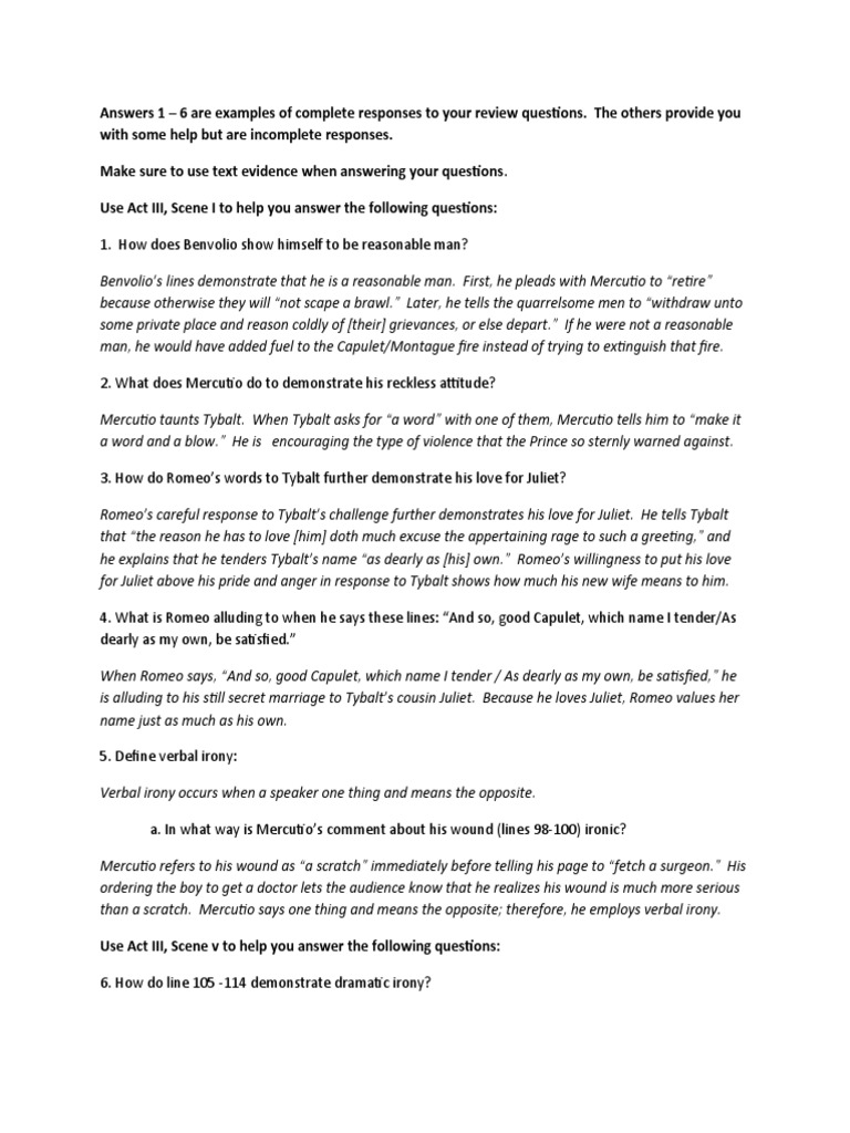 Act III and Act IV Review Key | PDF | Characters In Romeo And Juliet ...