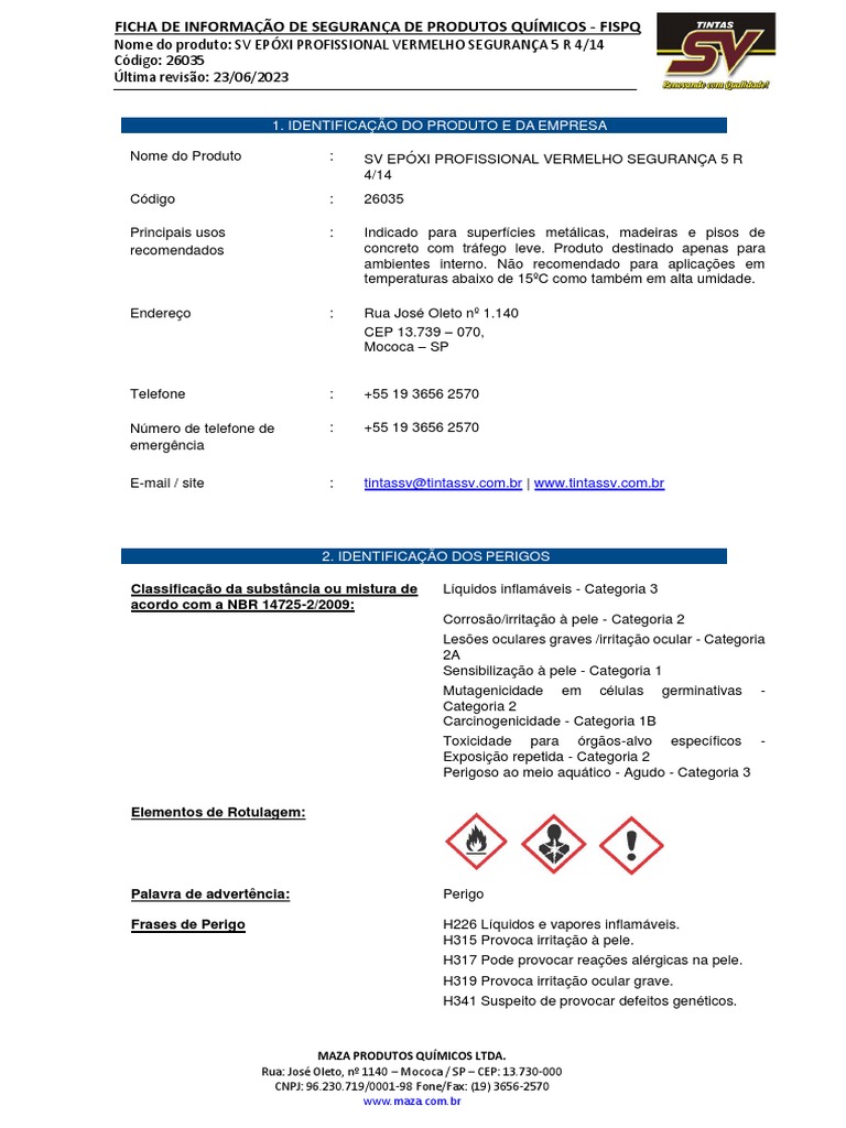 FISPQ SV Epóxi Profissional - Vermelho Segurança | PDF