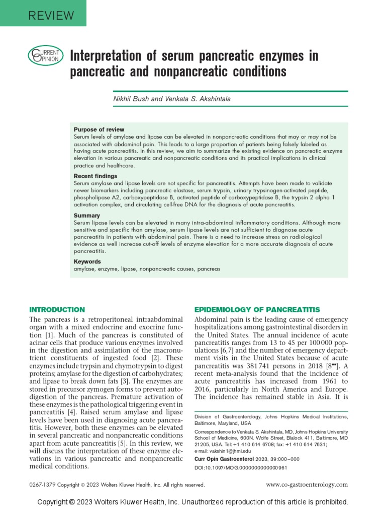 Interpretation Of Serum Pancreatic Enzymes In Pancreatic And Nonpancreatic Pdf