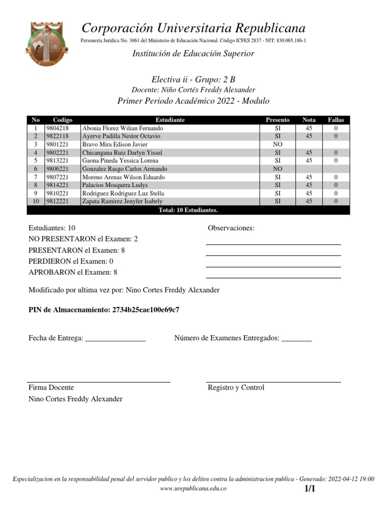 Resultados Examen Electiva II 2022 | PDF