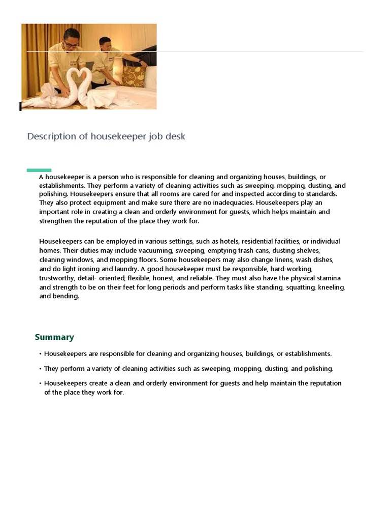 Description of Housekeeper Job Desk - Made With Diffit | PDF ...