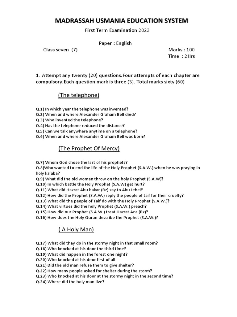 7th Class Paper (English) | PDF | Muhammad
