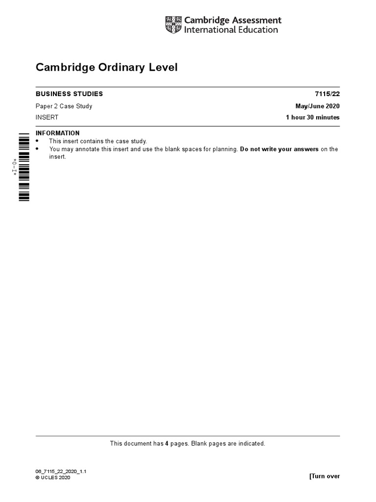 Cambridge Ordinary Level: 7115/22 Business Studies | PDF | Business ...