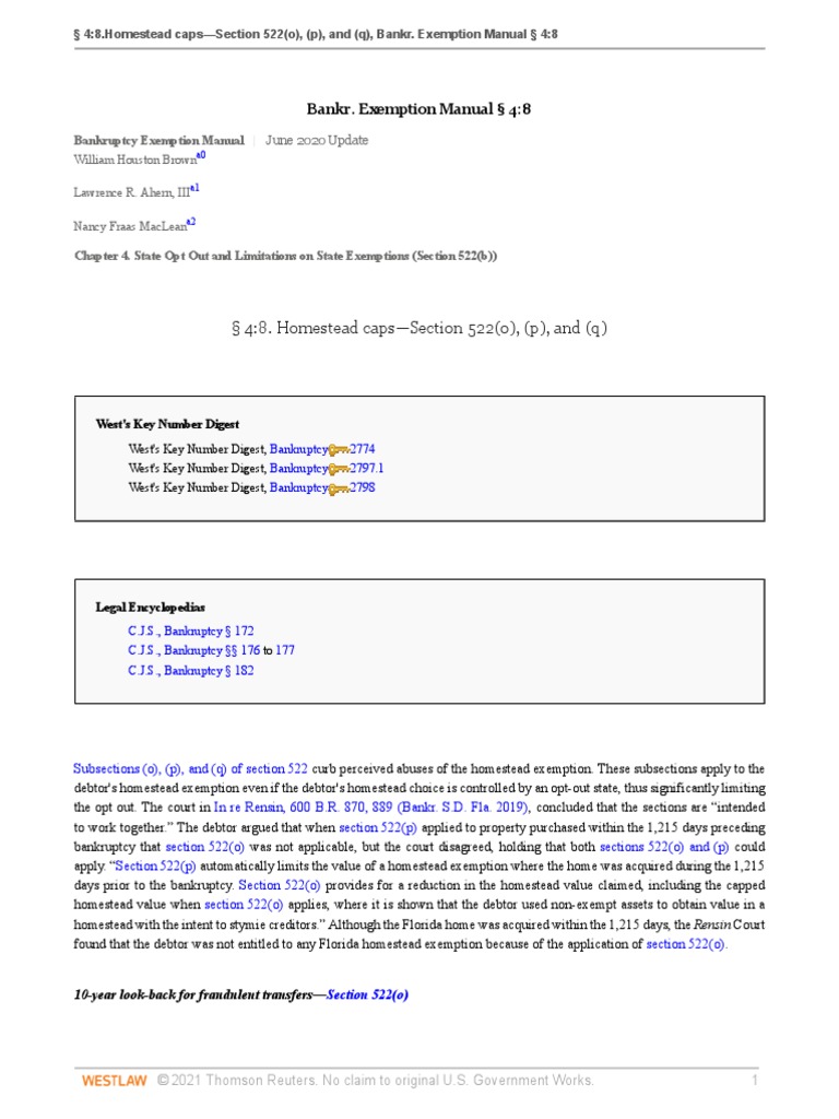 Bankr. Exemption Manual 4.8 Homestead Caps - Section 522 (O), (P), and (Q) | PDF | Bankruptcy ...