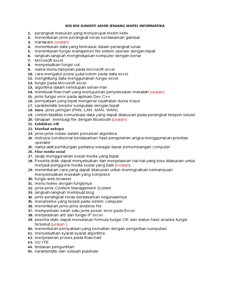 Kisi Kisi Sumatif Akhir Jenjang Mapel Informatika | PDF | Komputer