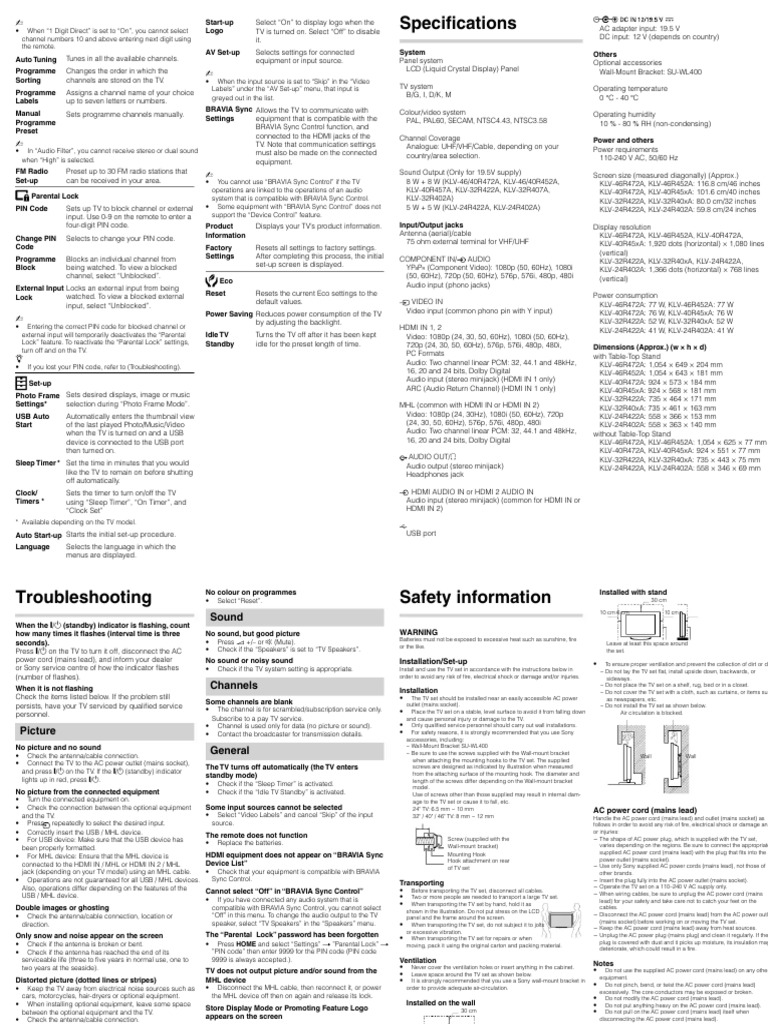 User Manual Sony Bravia KLV-40R452A (English - 2 Pages) | PDF | Hdmi | Ac Power Plugs And Sockets