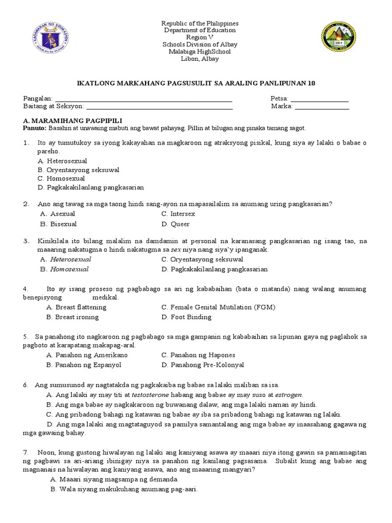 ArPan 10 3rd Quarter Exam | PDF