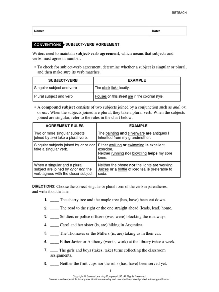 Gr.7.Conventions Subject-Verb Agreement | PDF
