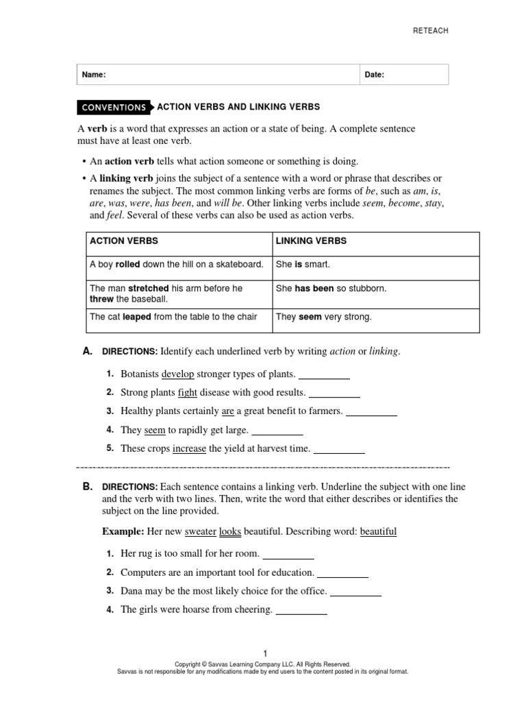 Action Verbs and Linking Verbs | PDF